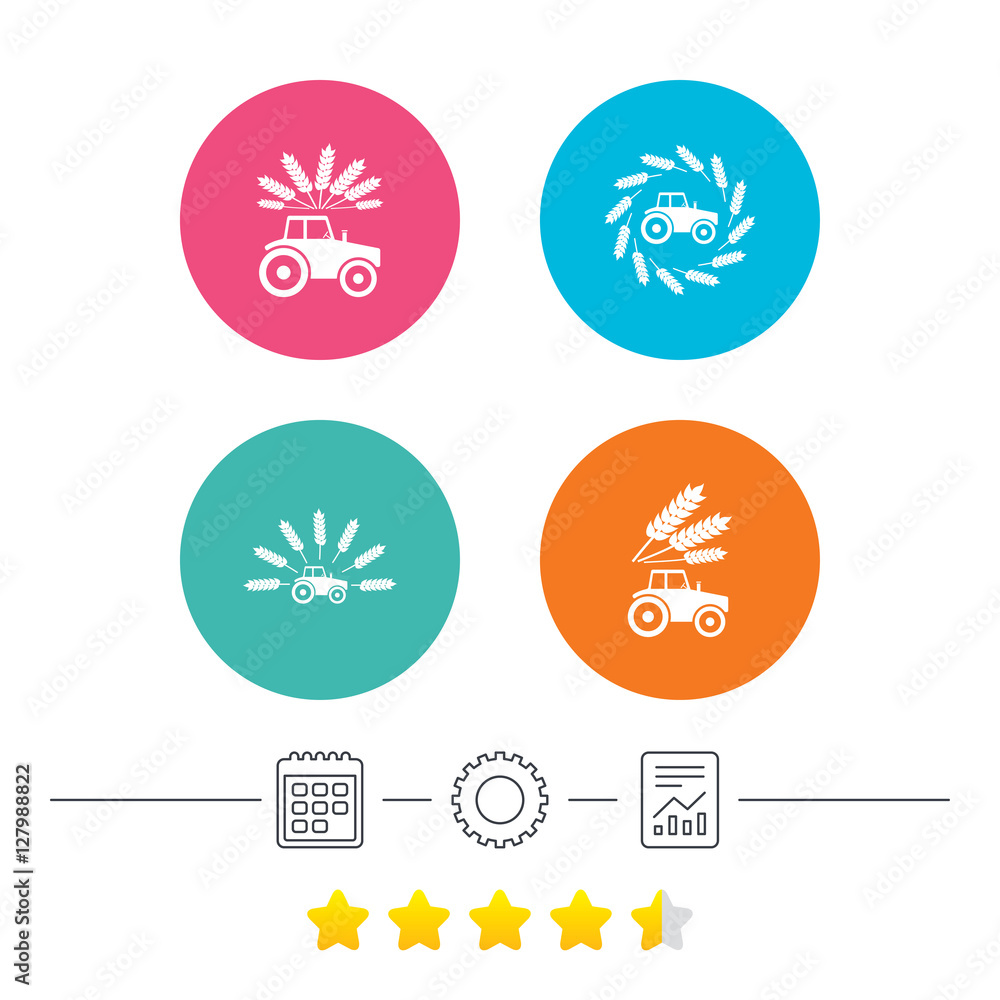 Vetor de Tractor icons. Wreath of Wheat corn signs. Agricultural ...