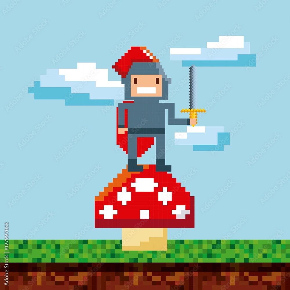 Pixel knight character with sword on fungus over landscape background ...