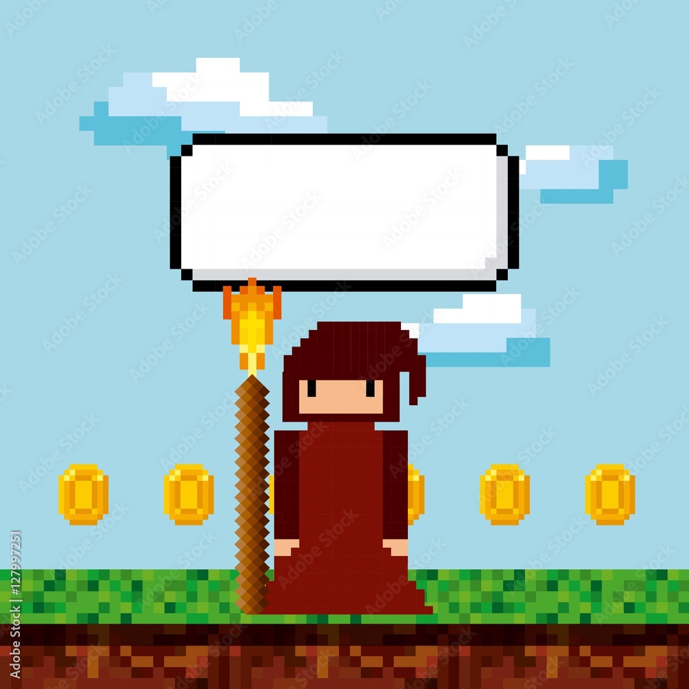 pixel character of videogame with gold coins and communication bubble ...