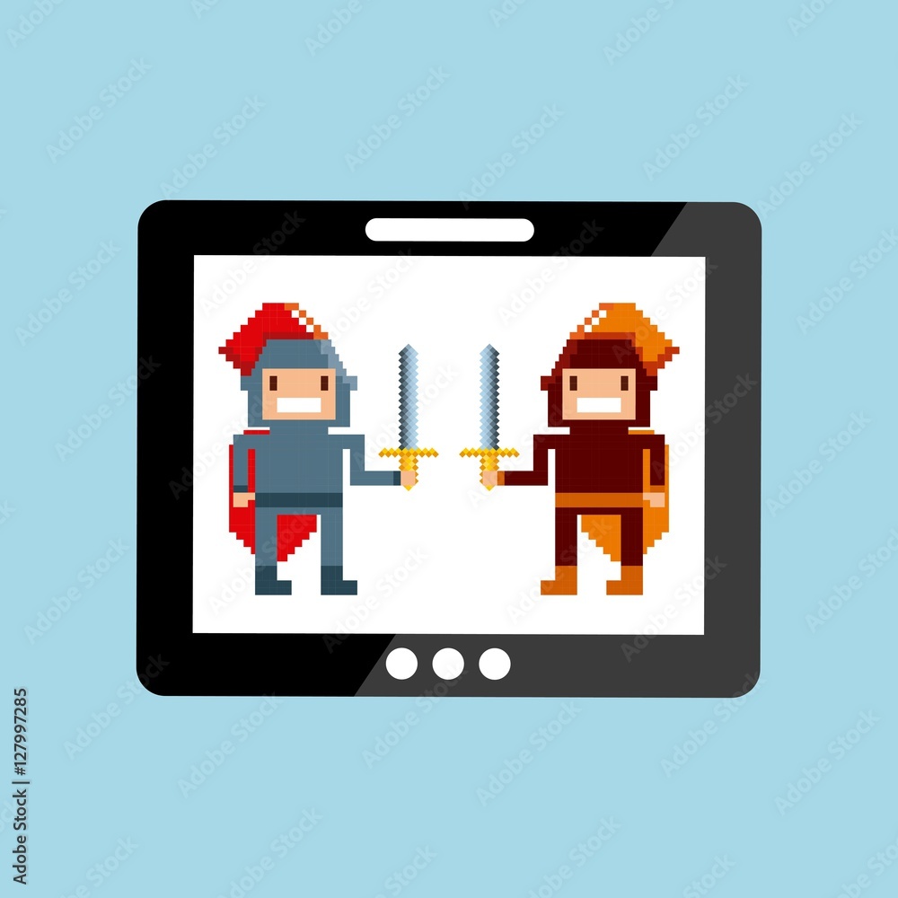 pixel knights characters with sword on screen tablet over blue ...