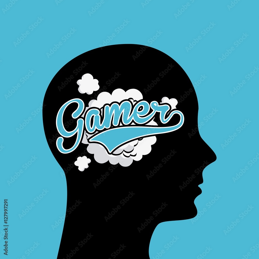 silhouette of profile head with gamer word over blue background ...