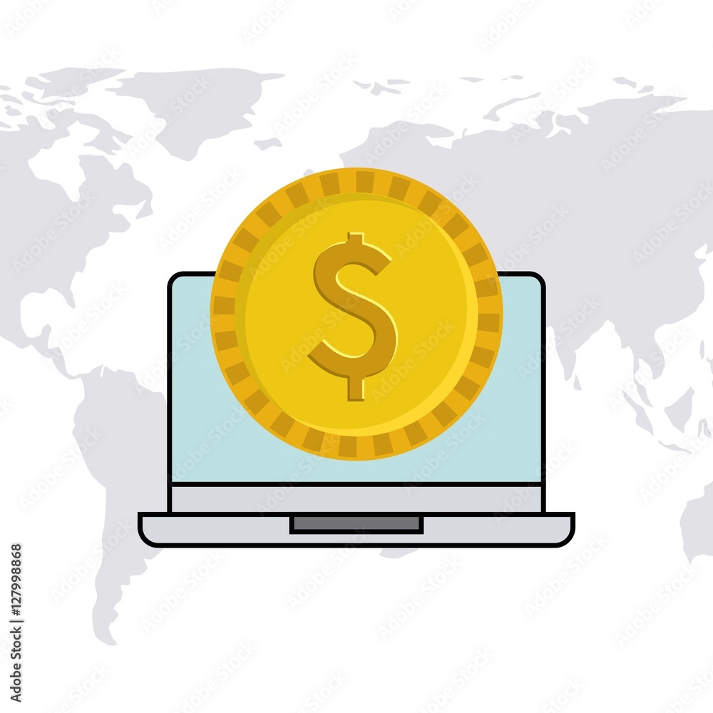 laptop computer with gold coin on screen over world map background ...