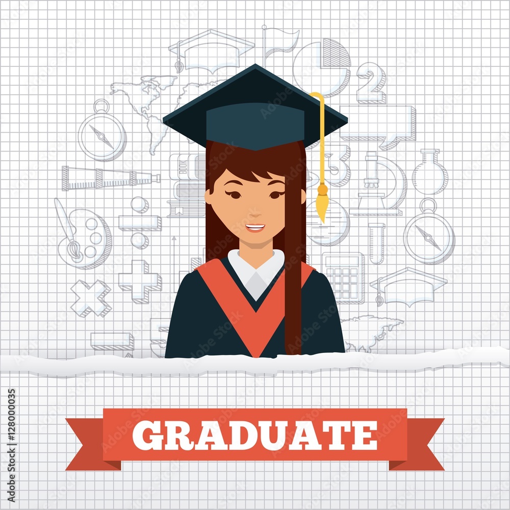decorative cartoon graduate woman smiling and red ribbon over white ...