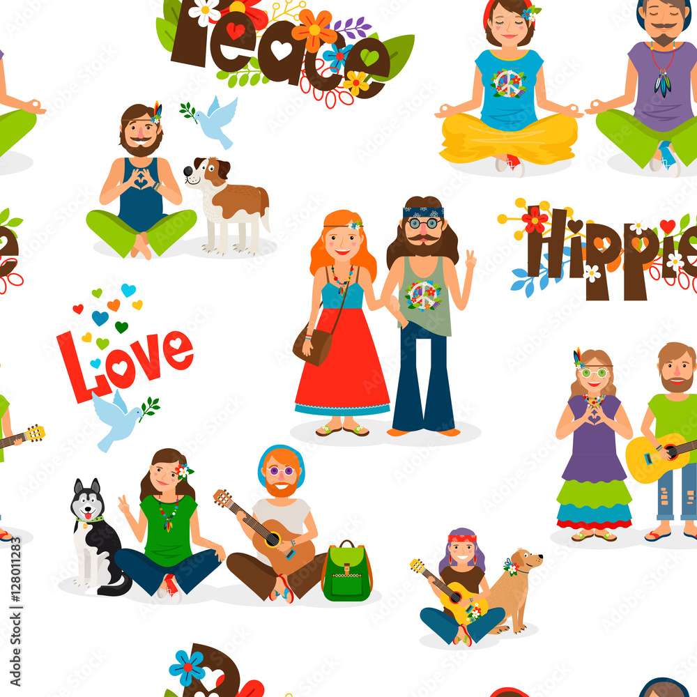 Hippie people seamless pattern on transparent background vector ...