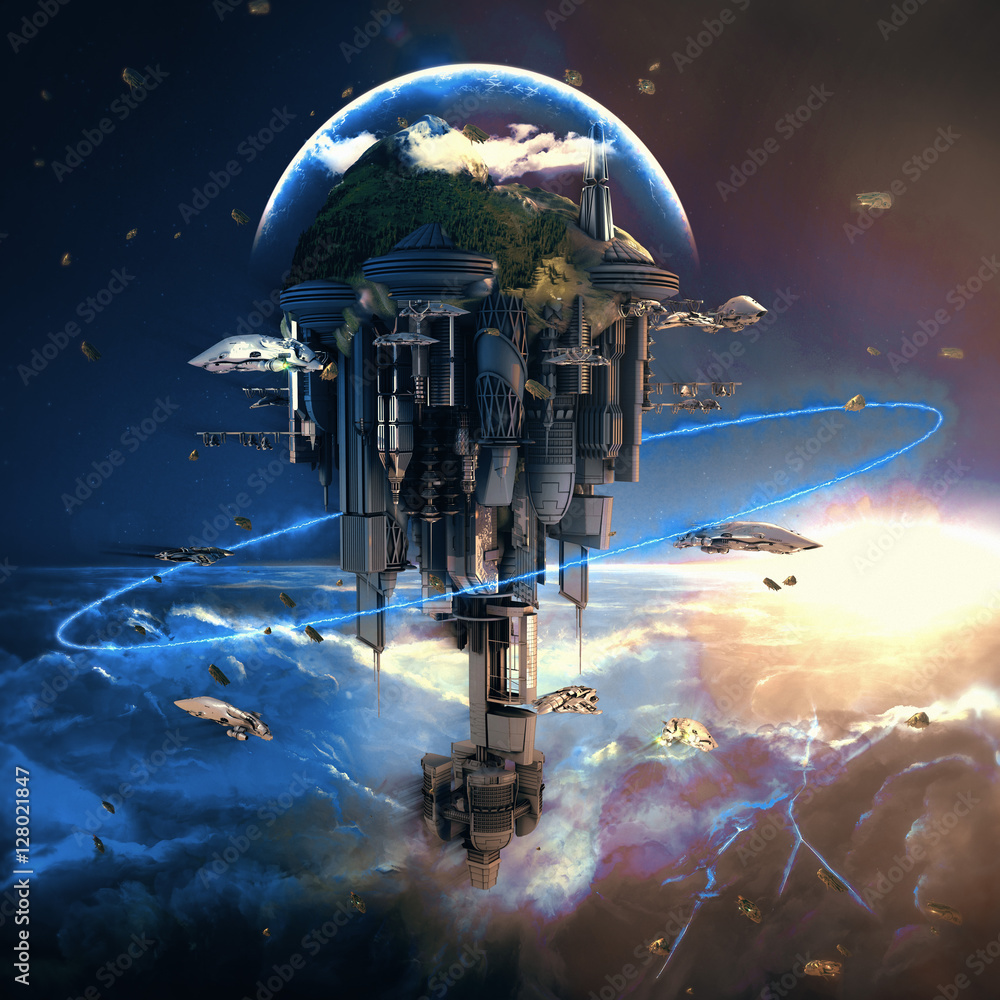 Digital illustration of fantasy futuristic science fiction floating ...