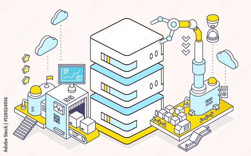 Vector illustration of server and three dimensional mechanism wi Stock ...