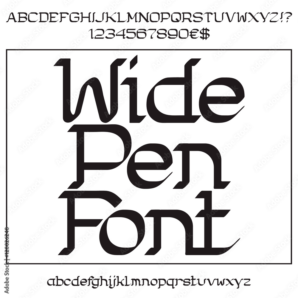 Black uppercase and lowercase letters and numbers. Wide pen font ...