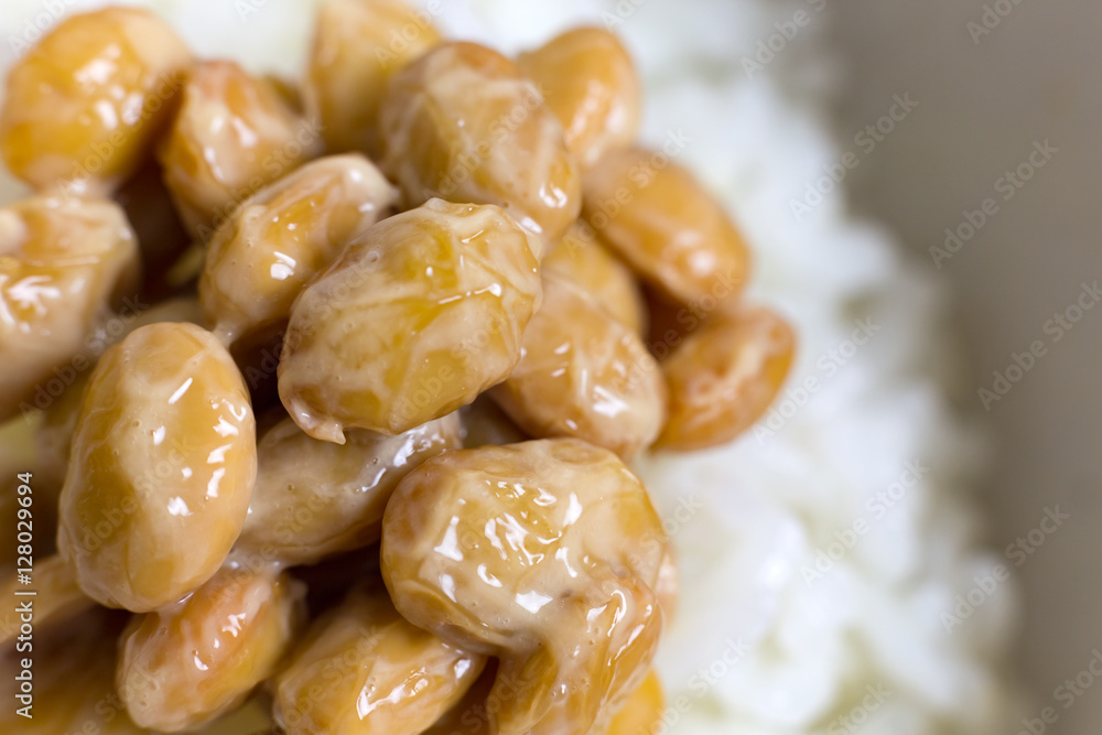 Fermented soybeans on white rice. Japanese traditional food known as ...