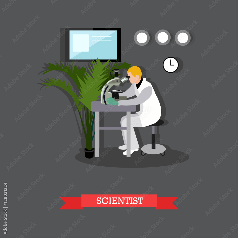 Vector illustration of scientist looking through microscope in flat ...