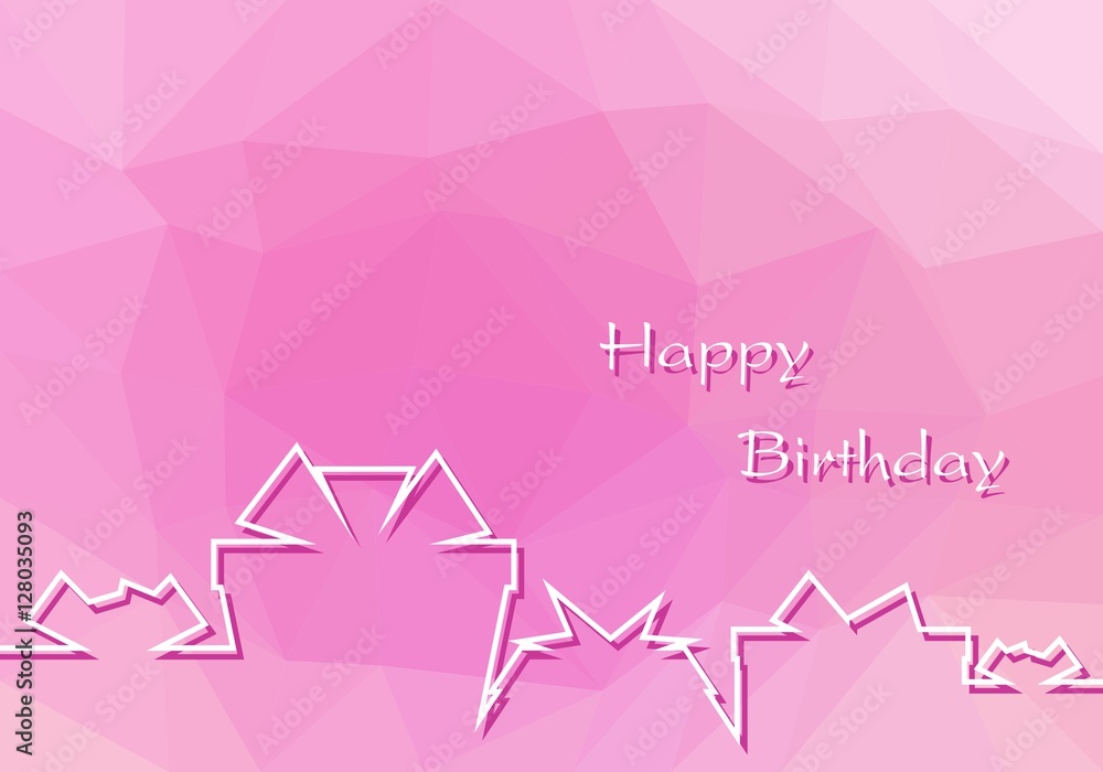 Pink birthday greeting with white contour gift with ribbon and shadow ...