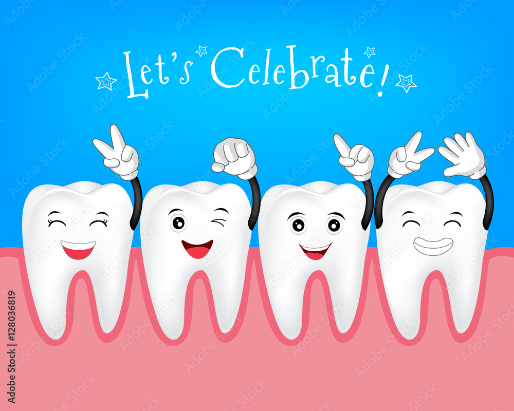 Cute cartoon tooth with hand sign. Let's Celebrate, Happy New Year 2017 ...