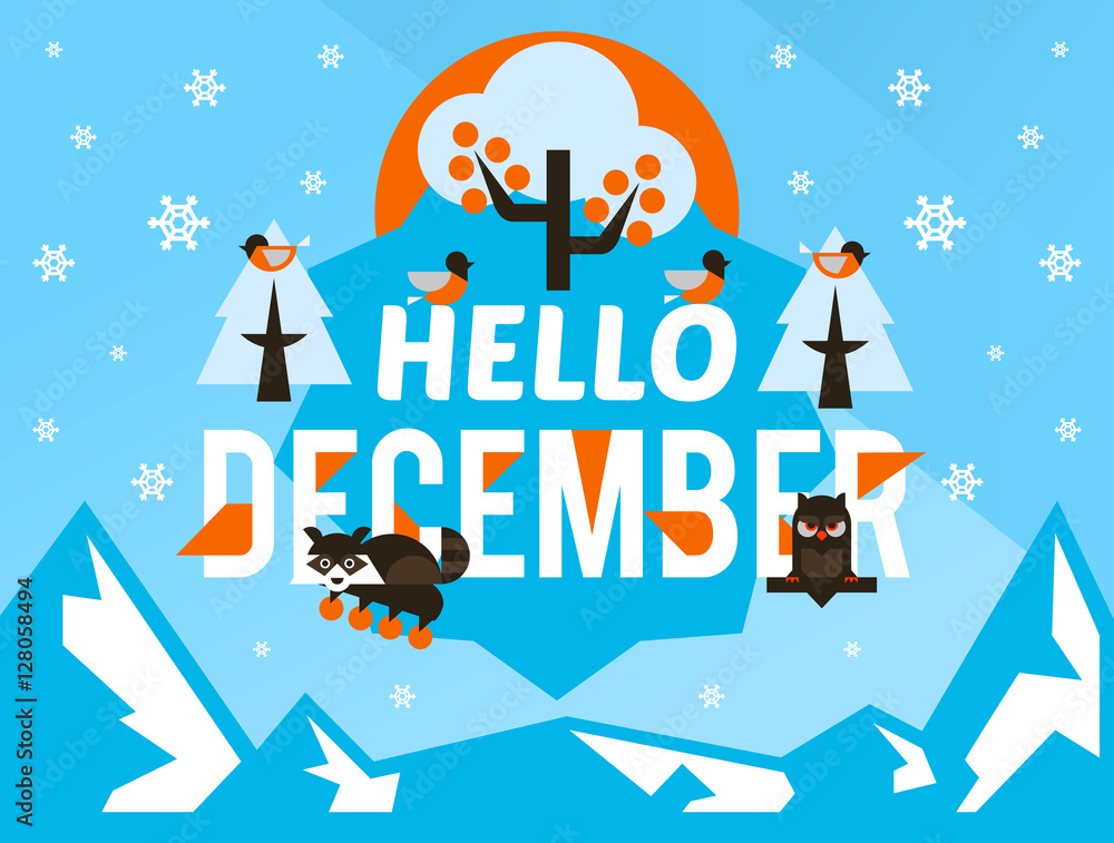 Hello December. Designed for printing, postcards, calendars, notebooks ...