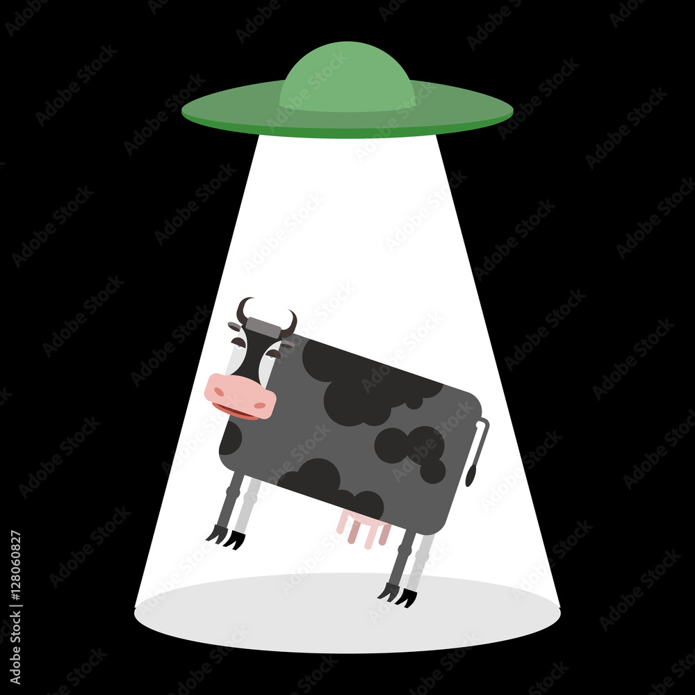UFO and cow. Aliens abduct cattle. Frisbee and farm animals Stock ...