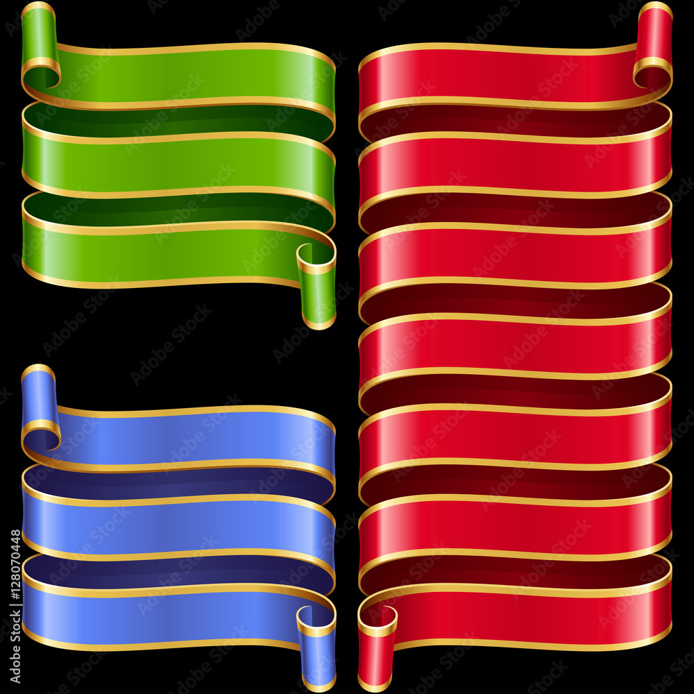 Vector ribbon frames set. Blue, green and red banners with golden ...