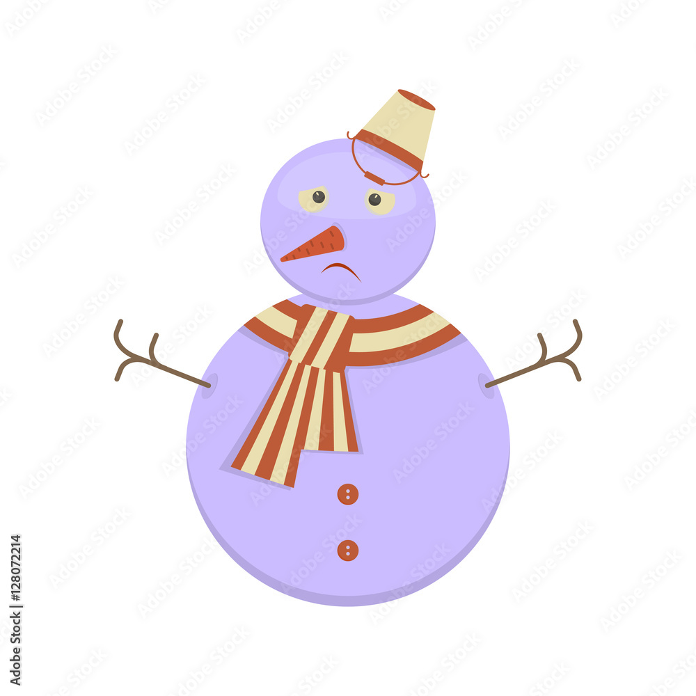 Snowman with sad face isolated on white background. Emotions expression ...