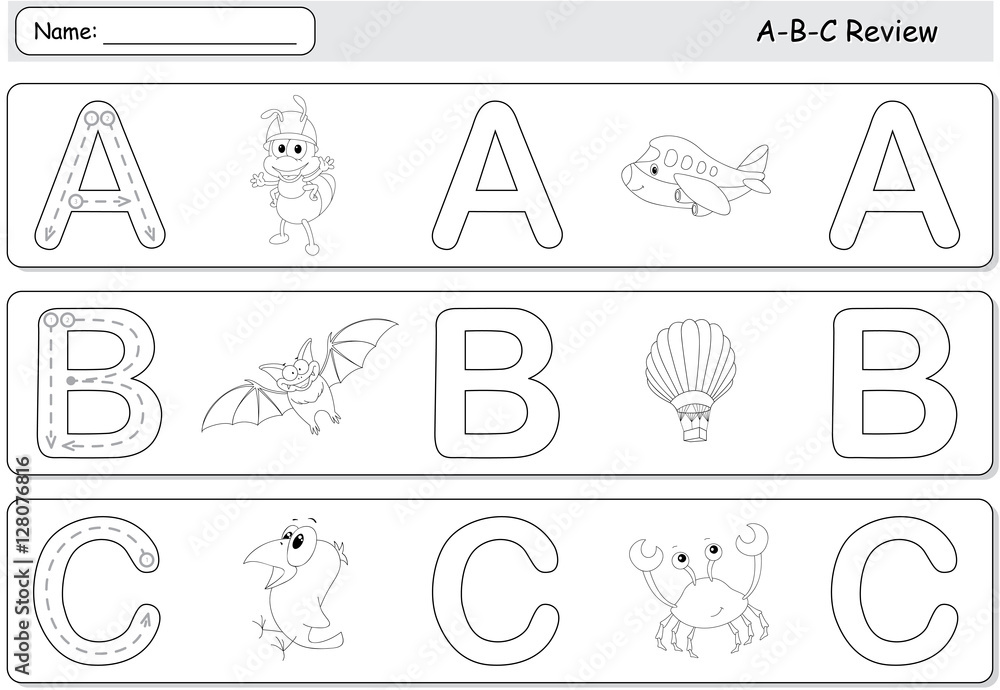 Cartoon ant, aircraft, bat, balloon, crow and crab. Alphabet tra Stock ...