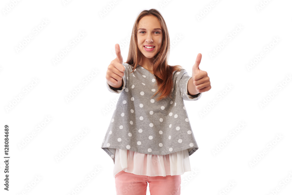 Good-looking girl giving acceptance with thumbs up hand gesture Stock ...