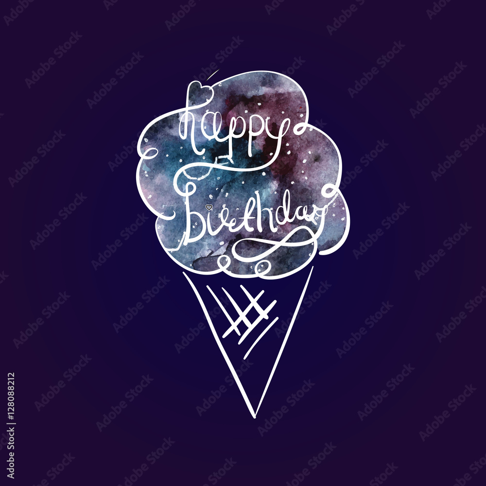 Happy birthday watercolor ice cream in waffle cone. Hand drawn colorful ...