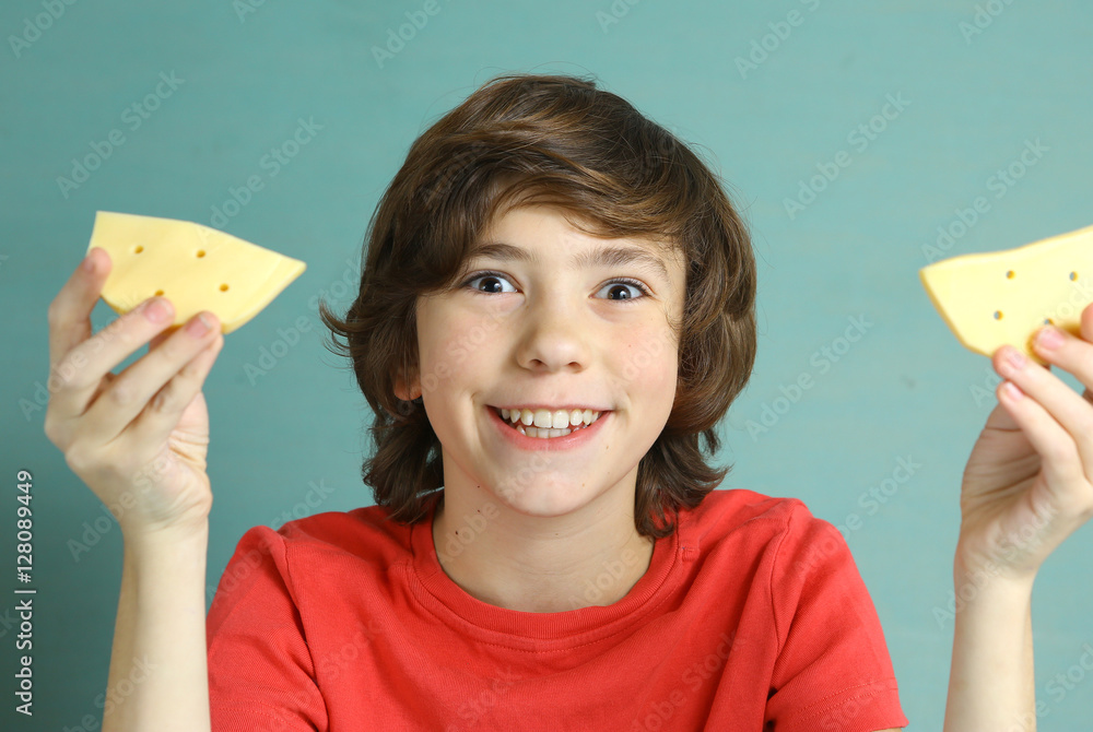 say cheese smile preteen boy with two cheese slices Stock Photo | Adobe ...