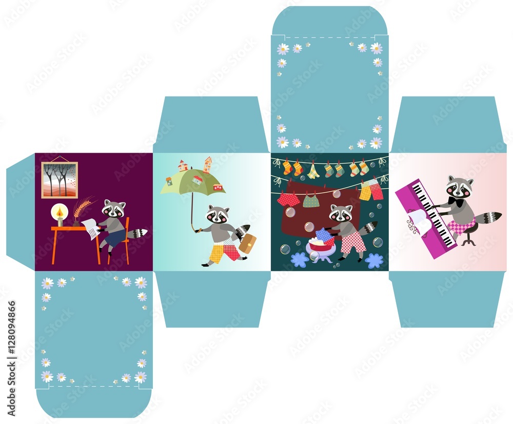 Gift box template with cute cartoon raccoons. Vector illustration ...
