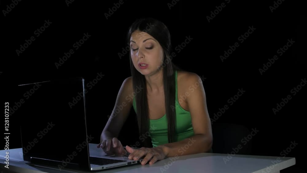 Emotions. Girl looking sad surprised email on a laptop Stock Video ...