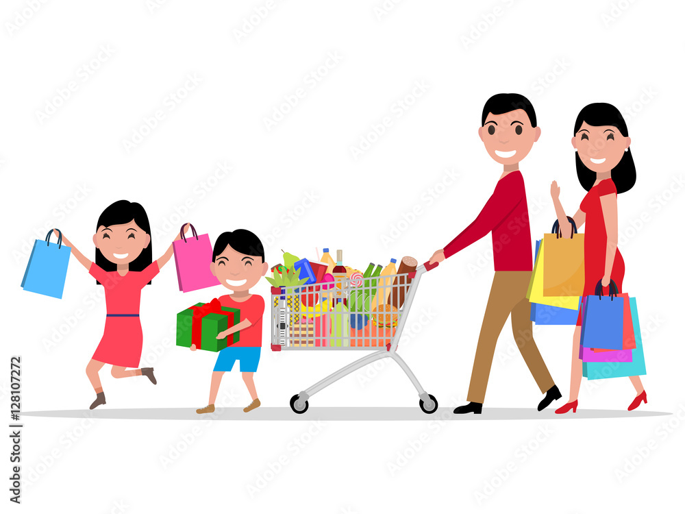 Vector cartoon happy family shopping supermarket Stock Vector | Adobe Stock