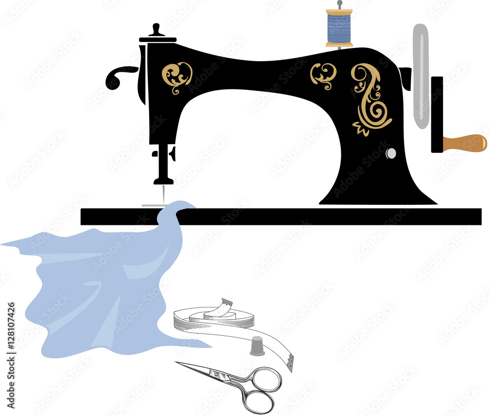 Retro sewing machine, blue fabric & tailor tools Stock Vector | Adobe Stock