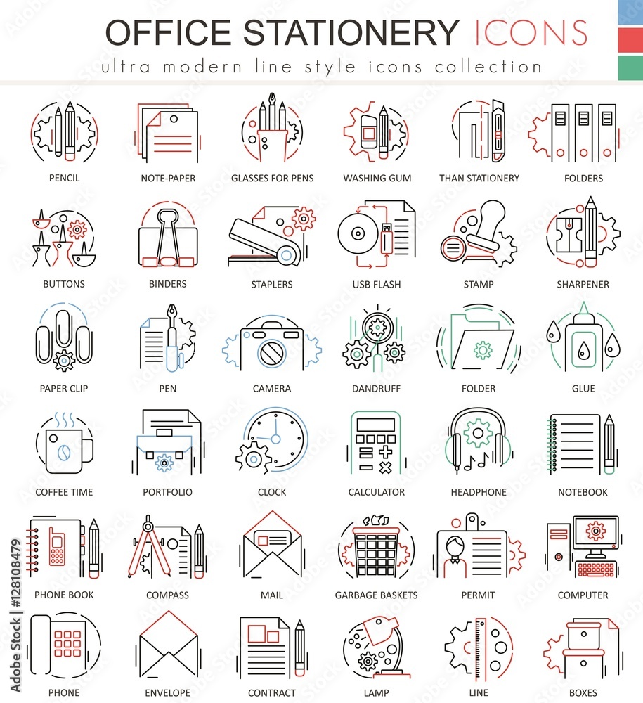 Vector Office Stationery Line Red Color Line Outline Icons For Apps And