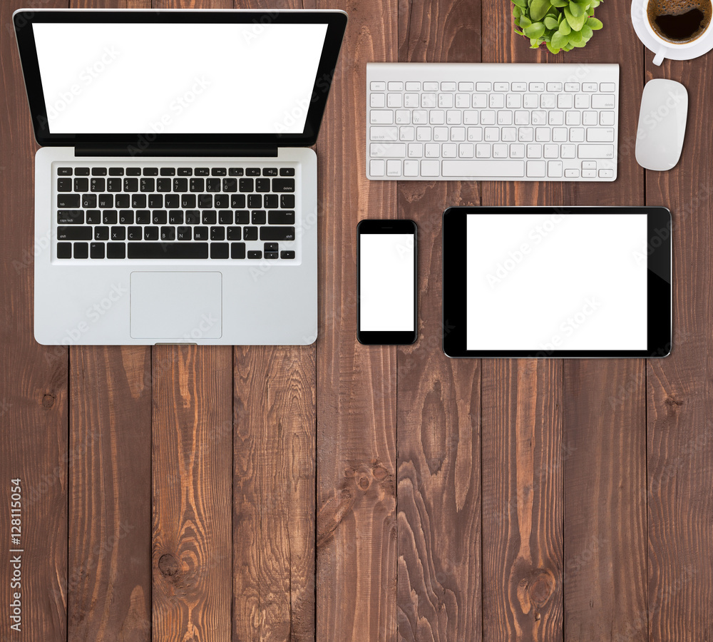 communication computer device technology on top view, mock-up ph Stock ...