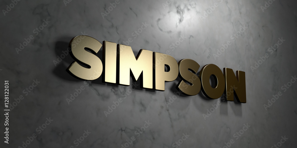 Simpson - Gold sign mounted on glossy marble wall - 3D rendered royalty ...