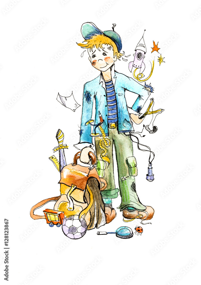 Drawing, illustration boy schoolboy bully, cheerful child. On an ...