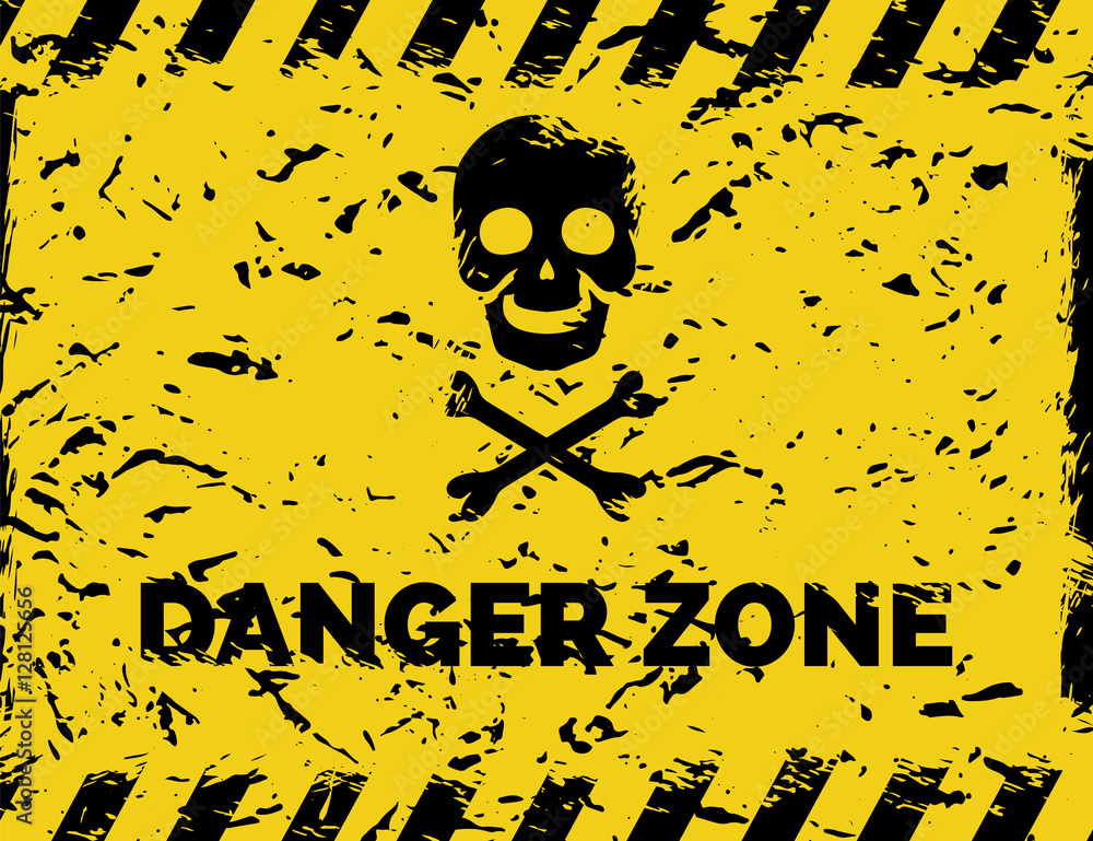 Danger zone grunge background with skull bones cross and danger tapes ...