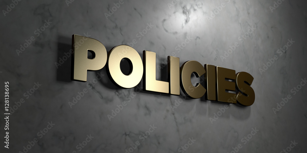Policies - Gold sign mounted on glossy marble wall - 3D rendered ...