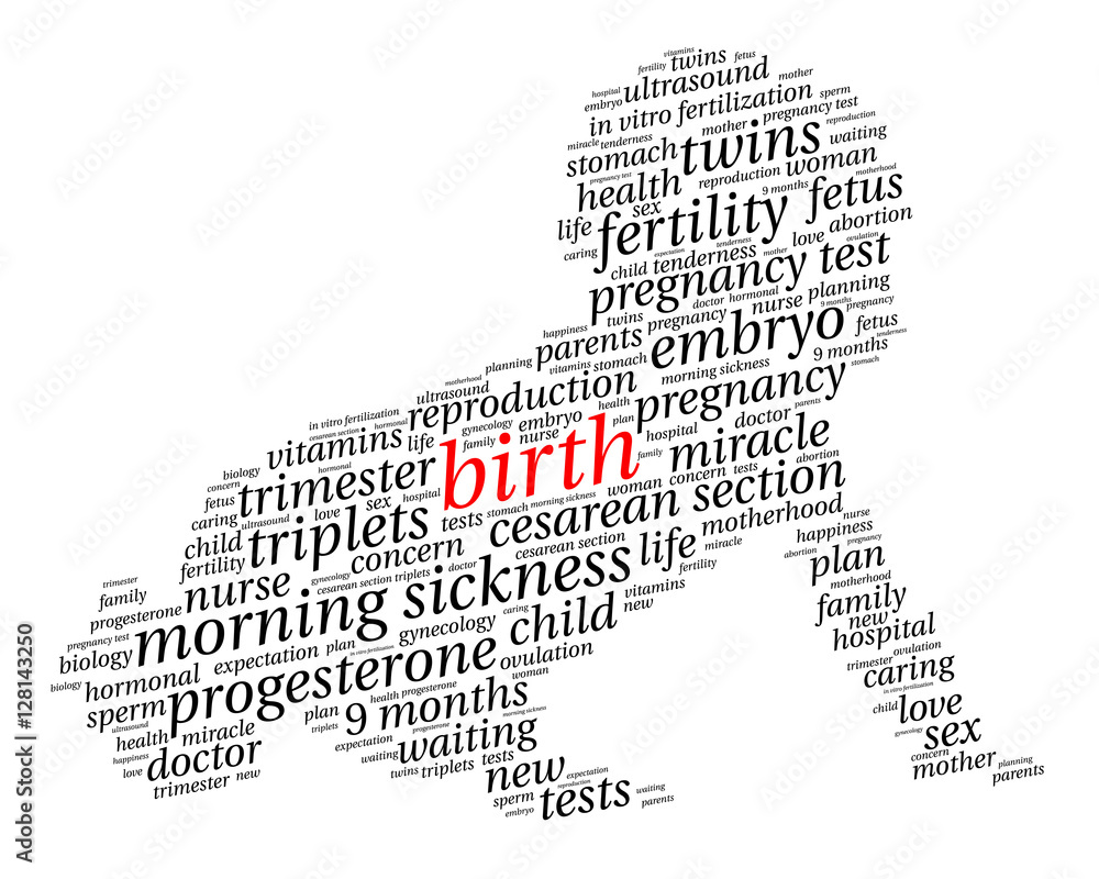 Birth. Word cloud, baby silhouette, italic font, white background. The ...