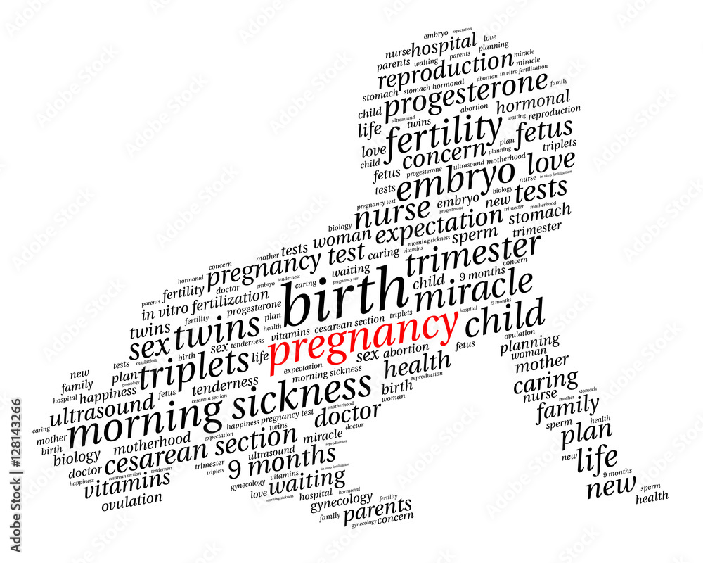 Pregnancy. Word cloud, baby silhouette, italic font, white background ...