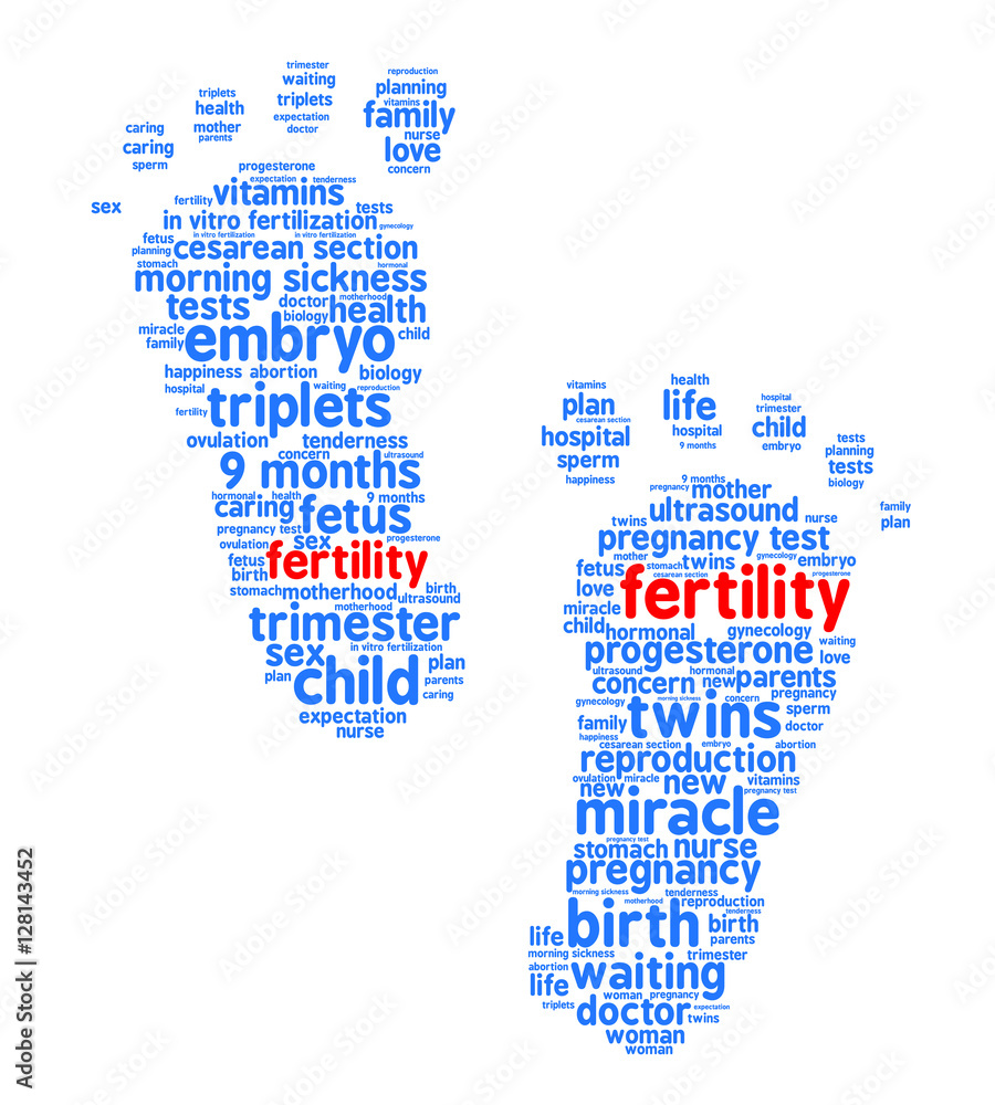 Fertility. Word cloud, trace feet, white background. The miracle of ...