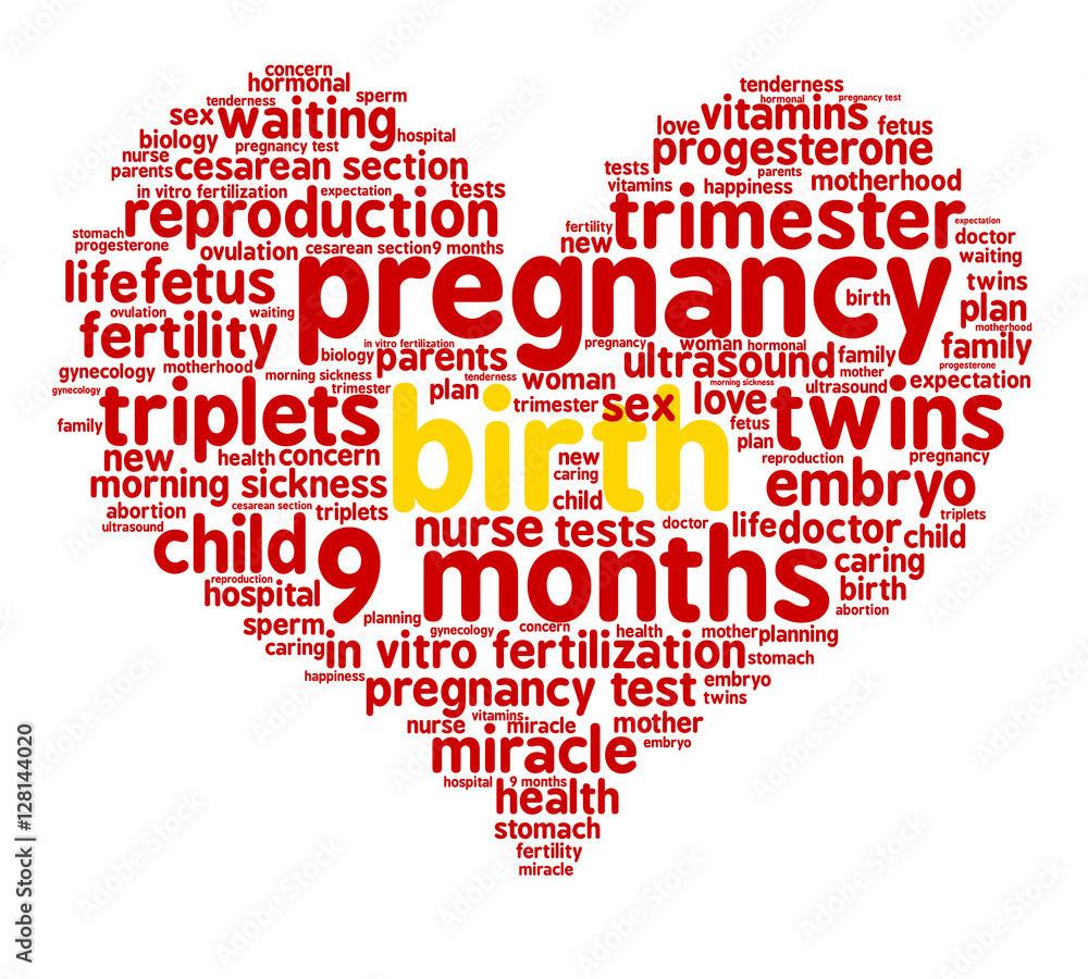 Birth. Word cloud, red heart, white background. The miracle of birth ...
