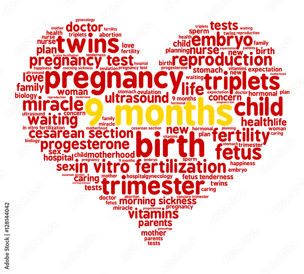 9 months. Word cloud, red heart, white background. The miracle of birth ...