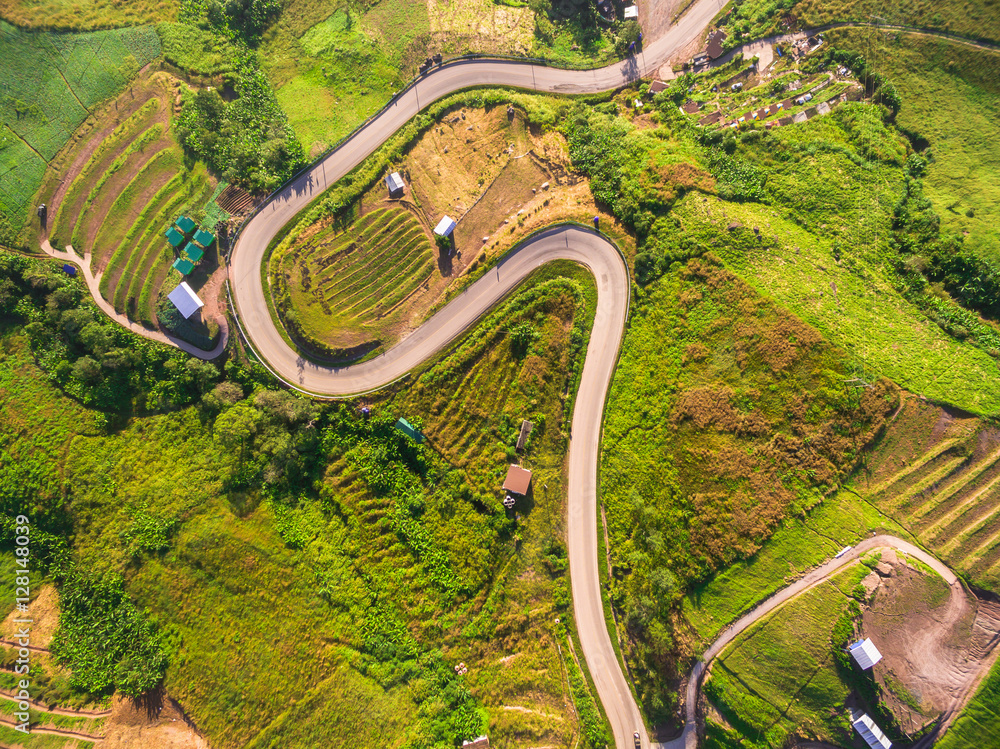 Aerial view of crooked path of road on the mountain, Shot from d Stock ...