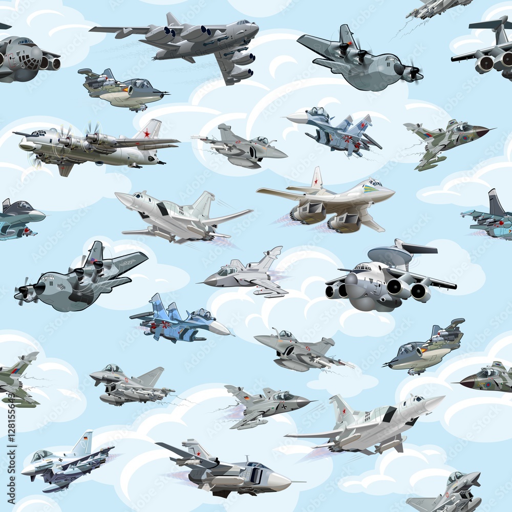 Cartoon military airplanes seamless pattern on clouds background Stock ...