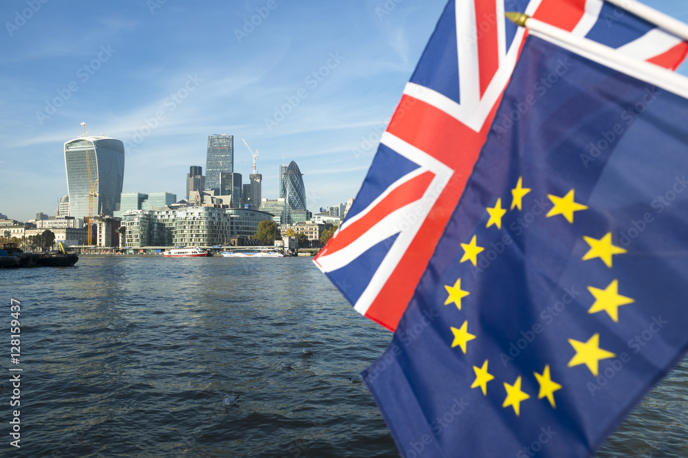 European Union and Union Jack flags flying over the London skyline of ...
