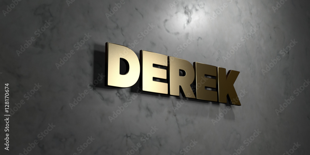 Derek - Gold sign mounted on glossy marble wall - 3D rendered royalty ...
