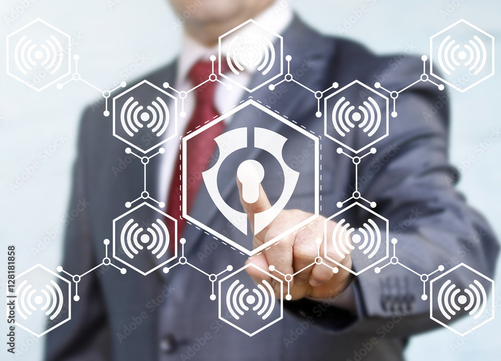 Businessman touched shield icon with keyhole. Business security ...