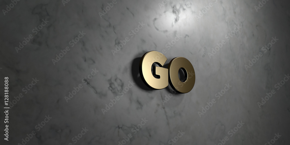 Go - Gold sign mounted on glossy marble wall - 3D rendered royalty free ...