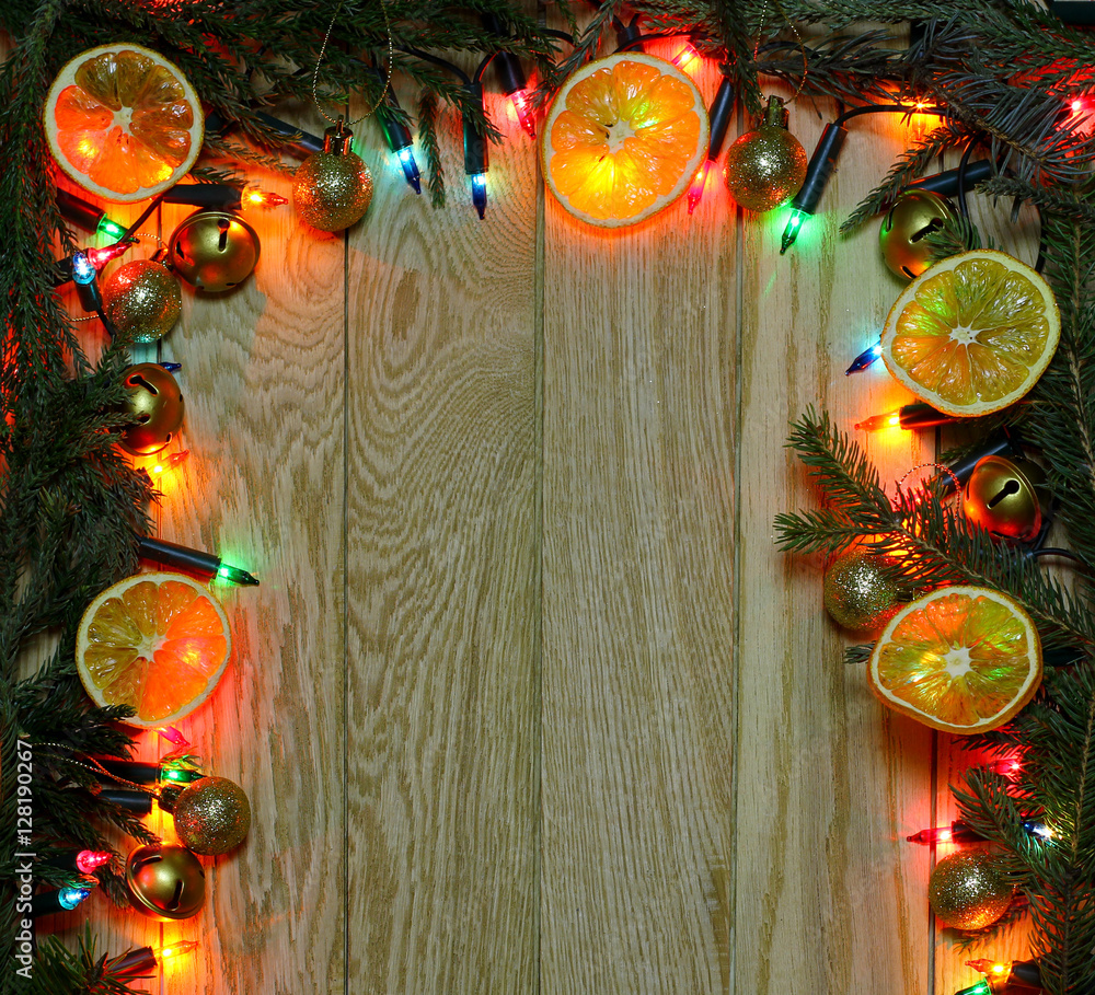 New Year`s top border, frame from Christmas tree fir branches, golden ...