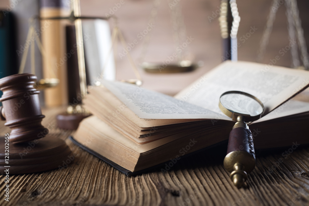 Mallet, legal code and statue of justice. Law concept, studio shots ...