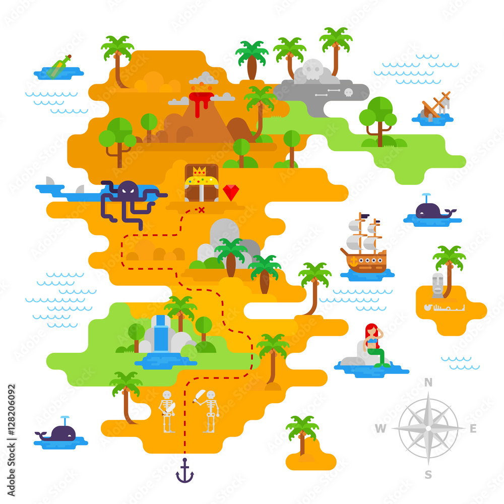 Pirate treasure map vector flat design with pirate’s icons, vector ...
