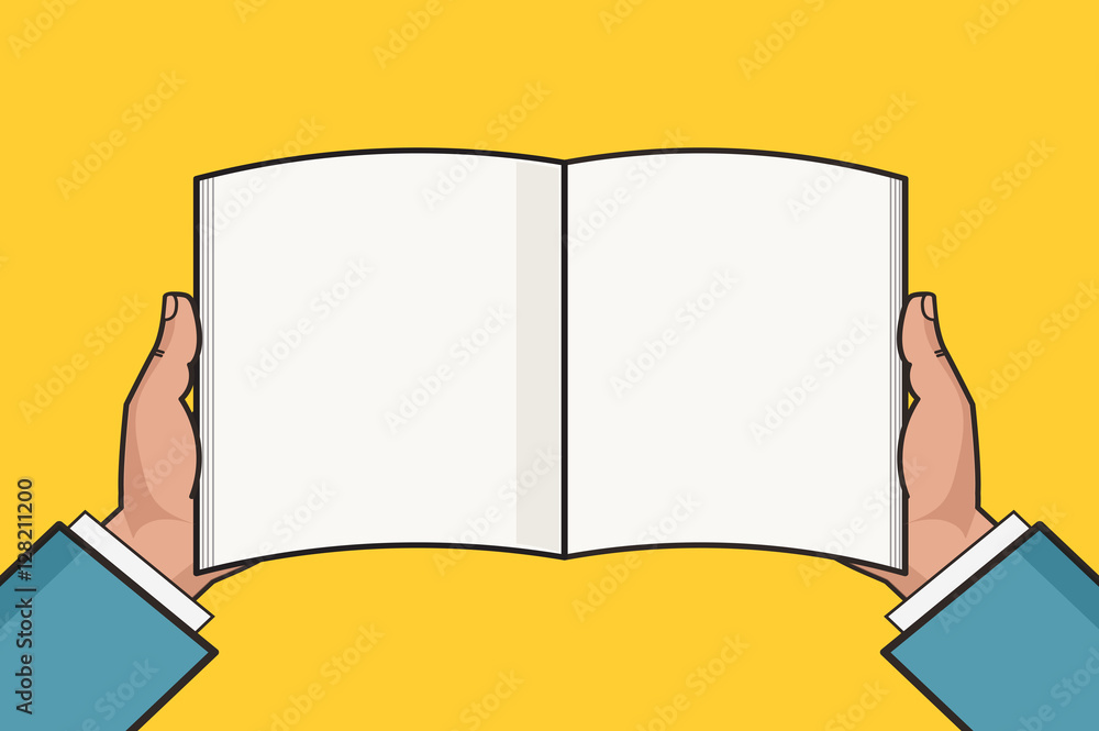 Hands with open blank book template. Knowledge, education. Flat mockup ...
