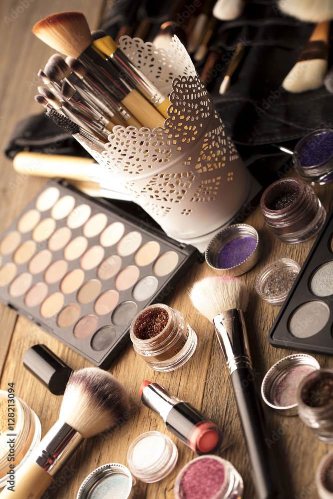 Make up artist theme. Various makeup products. Top view. Set of ...