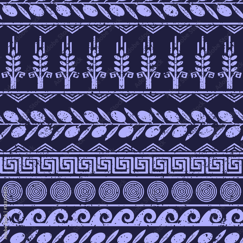 Seamless pattern with olives, wheat, and greek symbols. Stock Vector ...